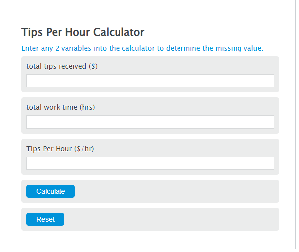 Tips Per Hour Calculator Calculator Academy Tips Per Hour Calculator Calculator Academy